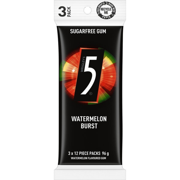 5 GUM WATERMELON BURST Sugarfree Chewing Gum 3 x 12 Pieces 96 g | 5 Gum