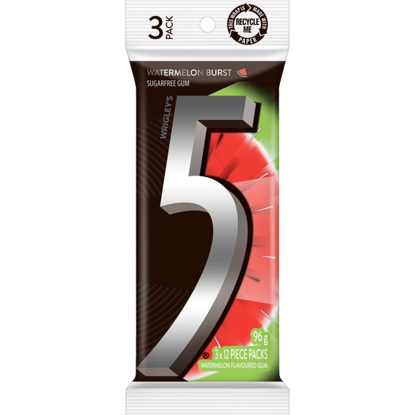 5 GUM WATERMELON BURST Sugarfree Chewing Gum 3 x 12 Pieces 96 g | 5 Gum