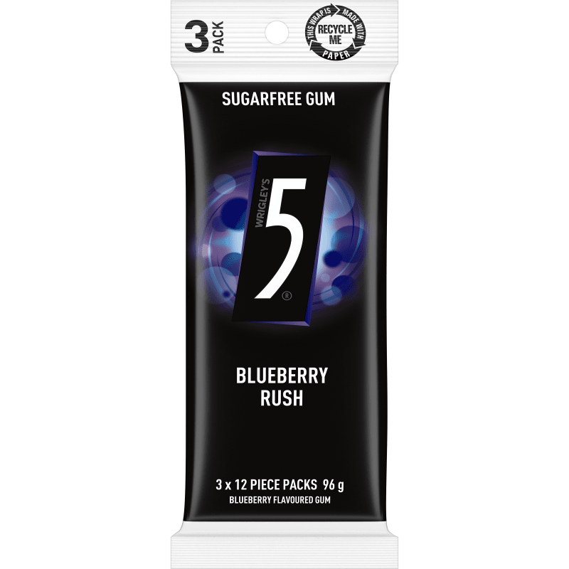 5 GUM BLUEBERRY RUSH Sugarfree Chewing Gum 3 x 12 Pieces 96 g | 5 Gum